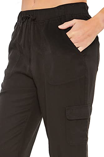 Love Tree Women's Elastic Waistband Drawstring Cargo Pants Ankle Length Joggers (Black, Large)