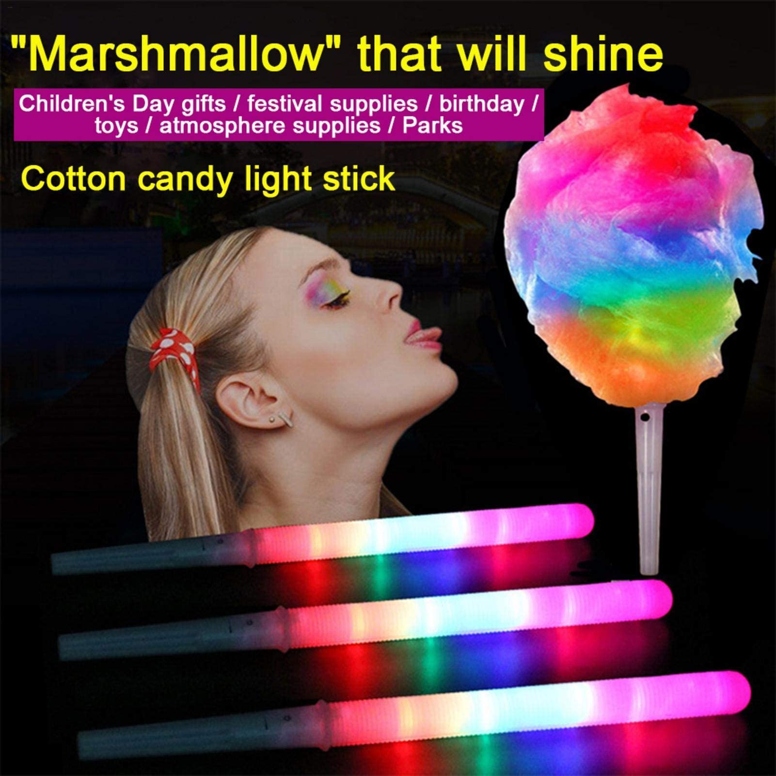 12pcs Cotton Candy Cones - Flashing Glow Sticks - LED Glowing Cotton Candy Sticks for All Type Cotton Candy Machine - Safety Food Grade Material Reusable Marshmallow Sticks