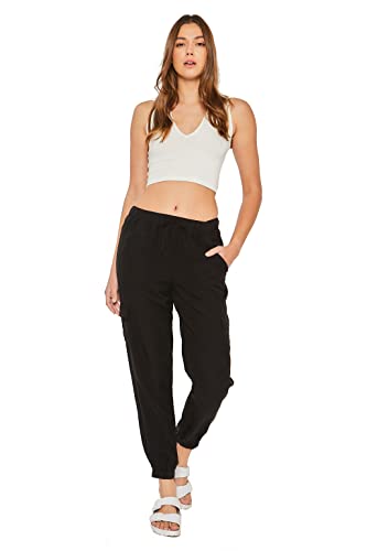 Love Tree Women's Elastic Waistband Drawstring Cargo Pants Ankle Length Joggers (Black, Large)