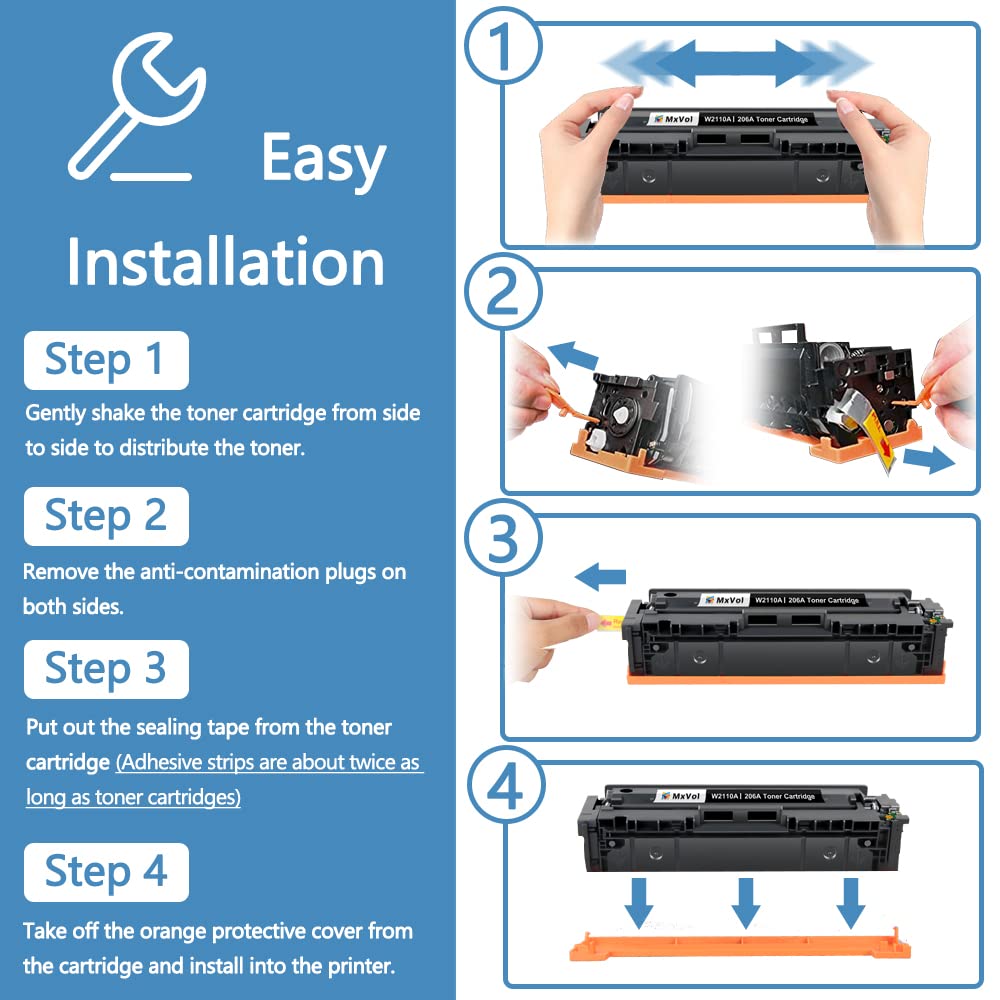 MxVol 206A Toner Cartridges 4 Pack【Pantented Chip】 Compatible Replacement for HP 206A 206X W2110A W2110X for Laserjet Pro MFP M283fdw M283cdw M255dw M282nw M283 M255 M282 Series Printer Ink (4 Pack)