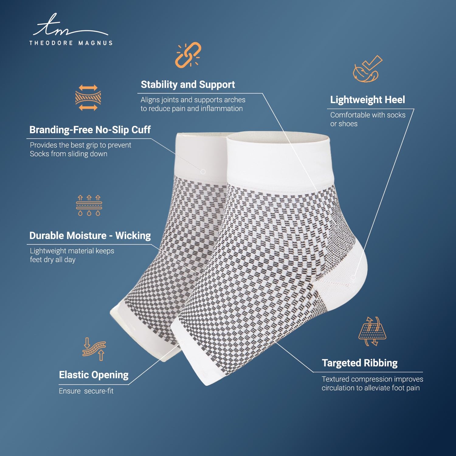 THEODORE MAGNUS Ankle Compression Sleeve - Plantar Fasciitis Braces with Foot Arch Support - Open Toe Compression Socks For Heel Spurs, Foot Swelling, Fatigue & Sprain - CS1-White-L