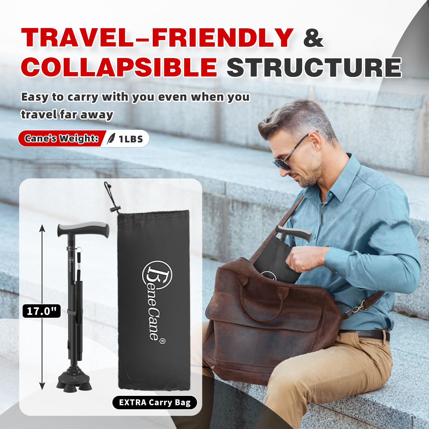 BeneCane Walking Cane for Men & Women Walking Stick for Seniors Folding Canes Quad Cane Adjustable Lightweight Sturdy Collapsible Heavy Duty with Soft TPR T-Handle and Travel Bag