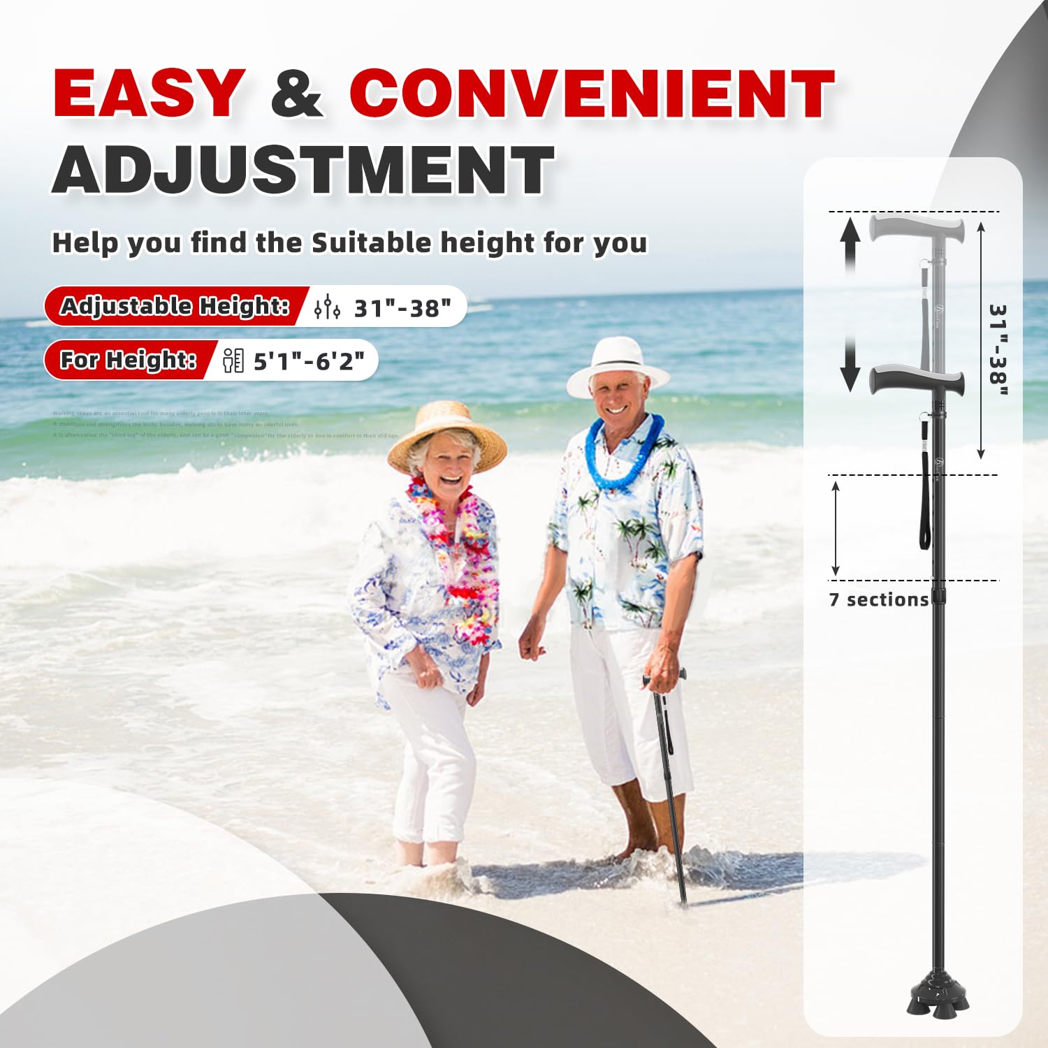 BeneCane Walking Cane for Men & Women Walking Stick for Seniors Folding Canes Quad Cane Adjustable Lightweight Sturdy Collapsible Heavy Duty with Soft TPR T-Handle and Travel Bag