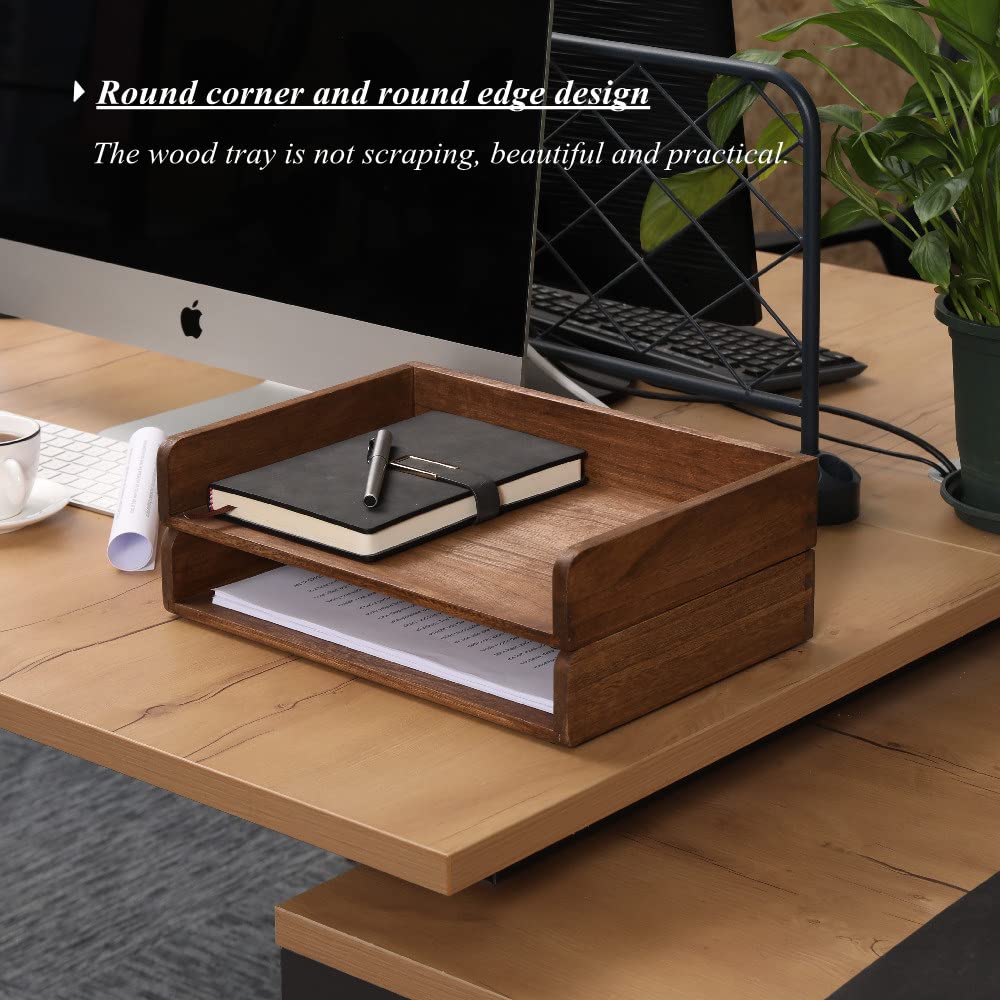 DDYURI Desktop File Trays Stackable Paper Tray for Letter/A4 Size Magazine - Wood Office Document Organizer Shelf - Wooden Folder Organization Rack Desk Tray Pack of 2 Dark(2CTP-DK)