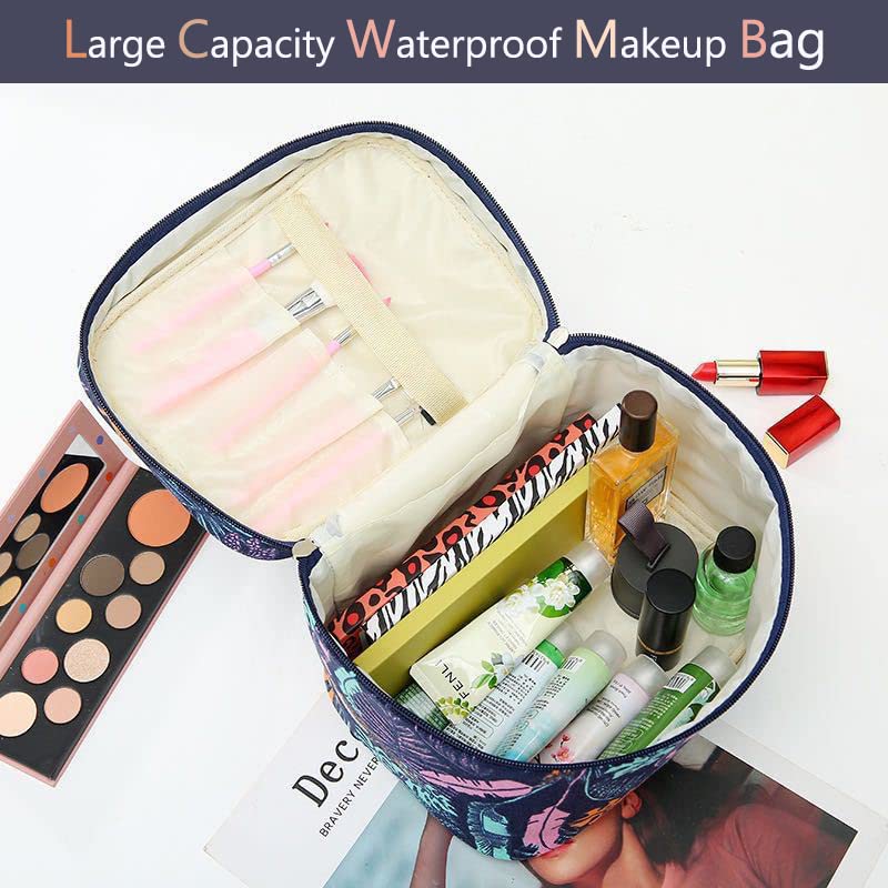 L&FY Cosmetic Bags For Women,Girls,Travel Makeup Organizer Portable Toiletry Bag With Handle,Large Capacity Skincare Bag (dark blue/Gran Leaf)