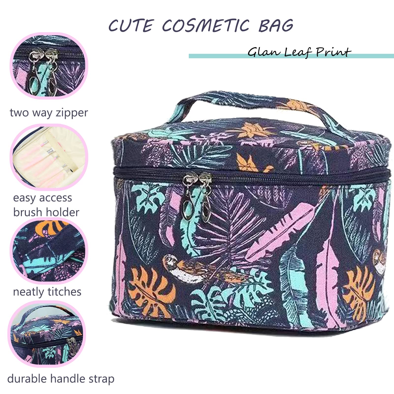 L&FY Cosmetic Bags For Women,Girls,Travel Makeup Organizer Portable Toiletry Bag With Handle,Large Capacity Skincare Bag (dark blue/Gran Leaf)