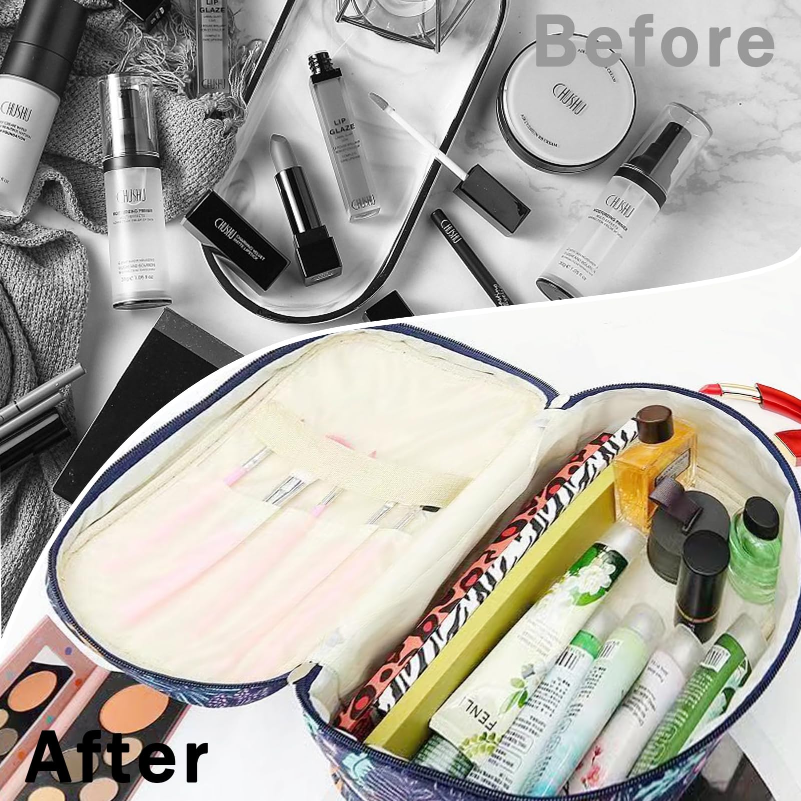 L&FY Cosmetic Bags For Women,Girls,Travel Makeup Organizer Portable Toiletry Bag With Handle,Large Capacity Skincare Bag (dark blue/Gran Leaf)