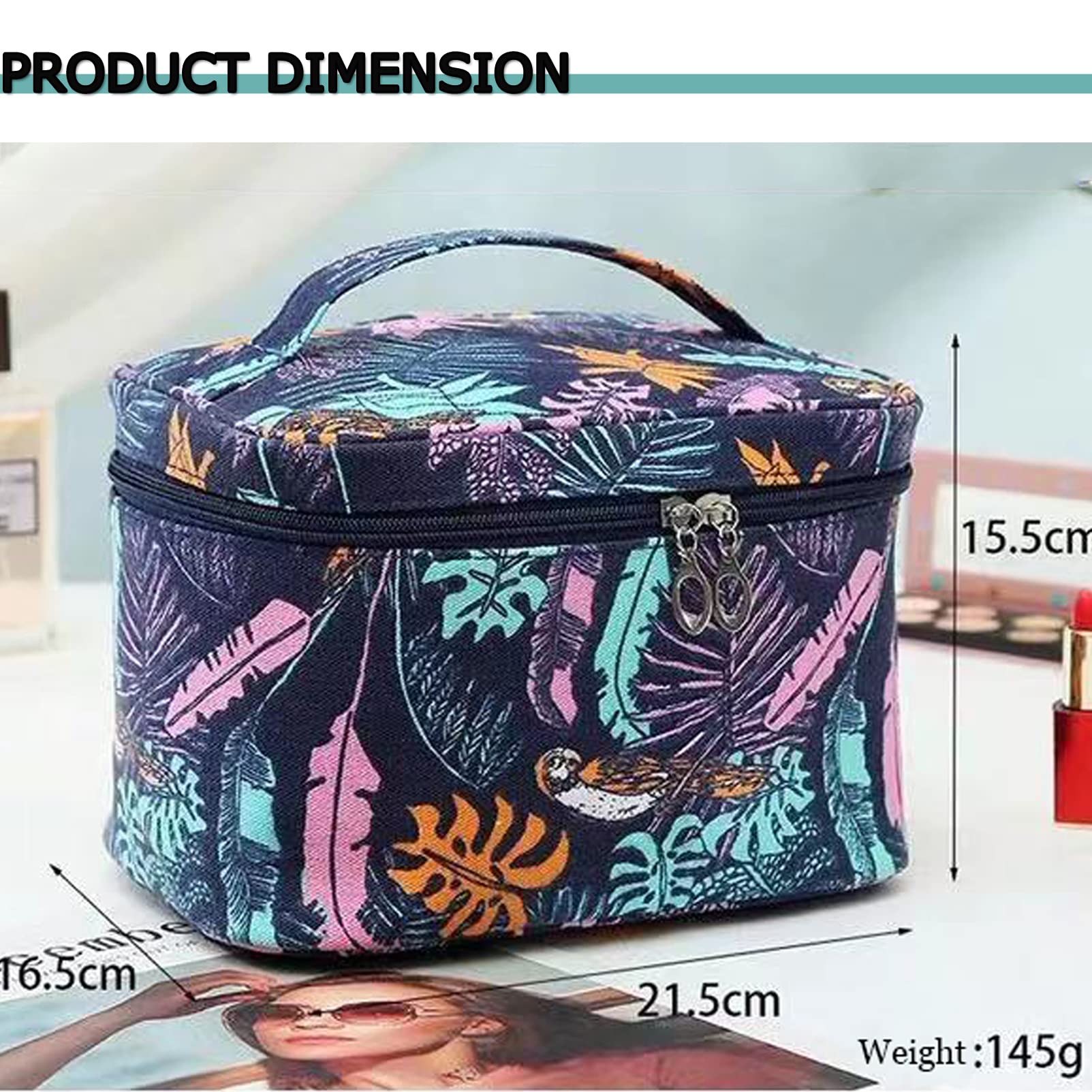 L&FY Cosmetic Bags For Women,Girls,Travel Makeup Organizer Portable Toiletry Bag With Handle,Large Capacity Skincare Bag (dark blue/Gran Leaf)
