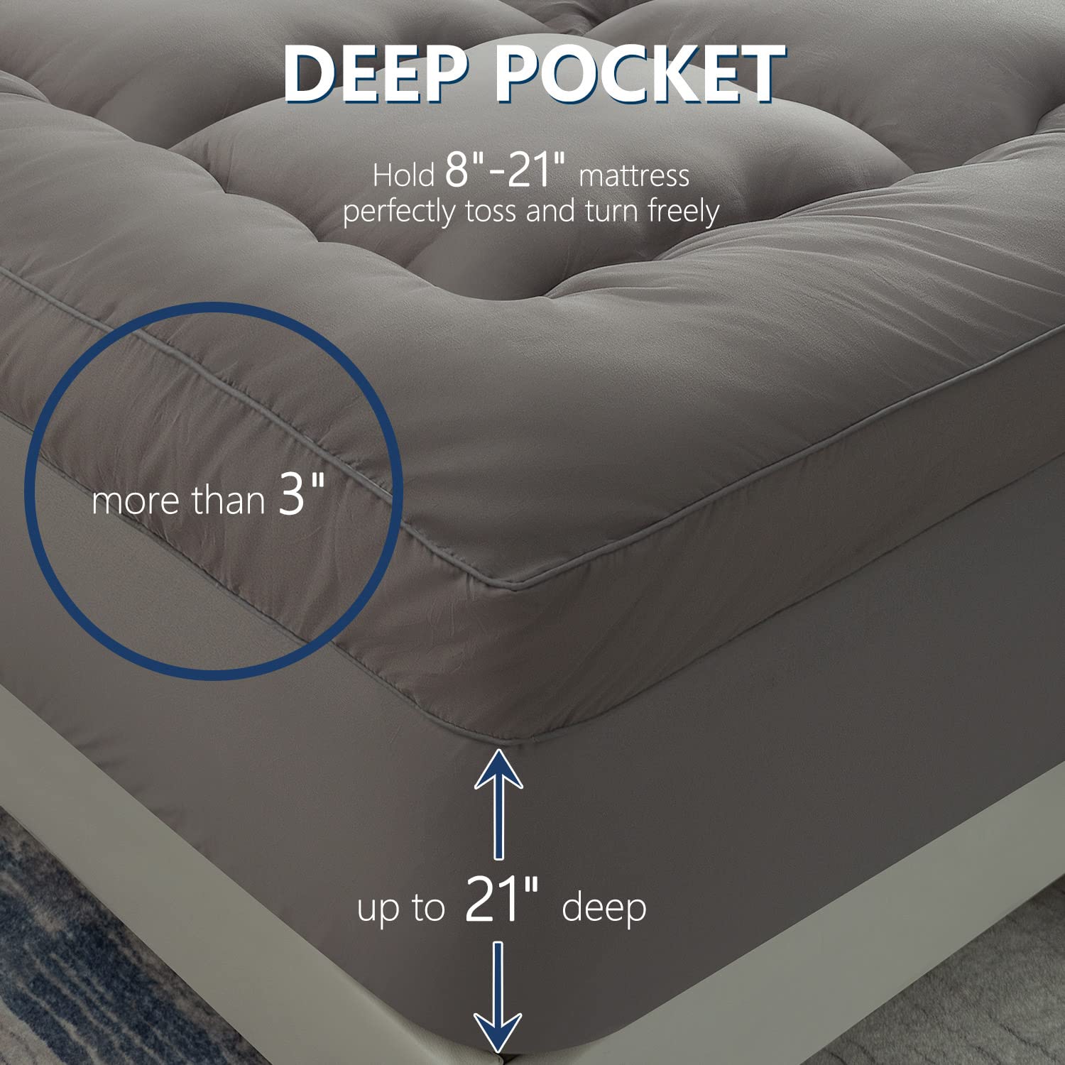 Marine Moon Mattress Topper Queen, Marine Moon Cooling Bed Topper Cover, Thick Soft Pillow Top Mattress Pad, Plush Hotel Down Alternative Mattress Topper with 8-21" Deep Pocket, Grey