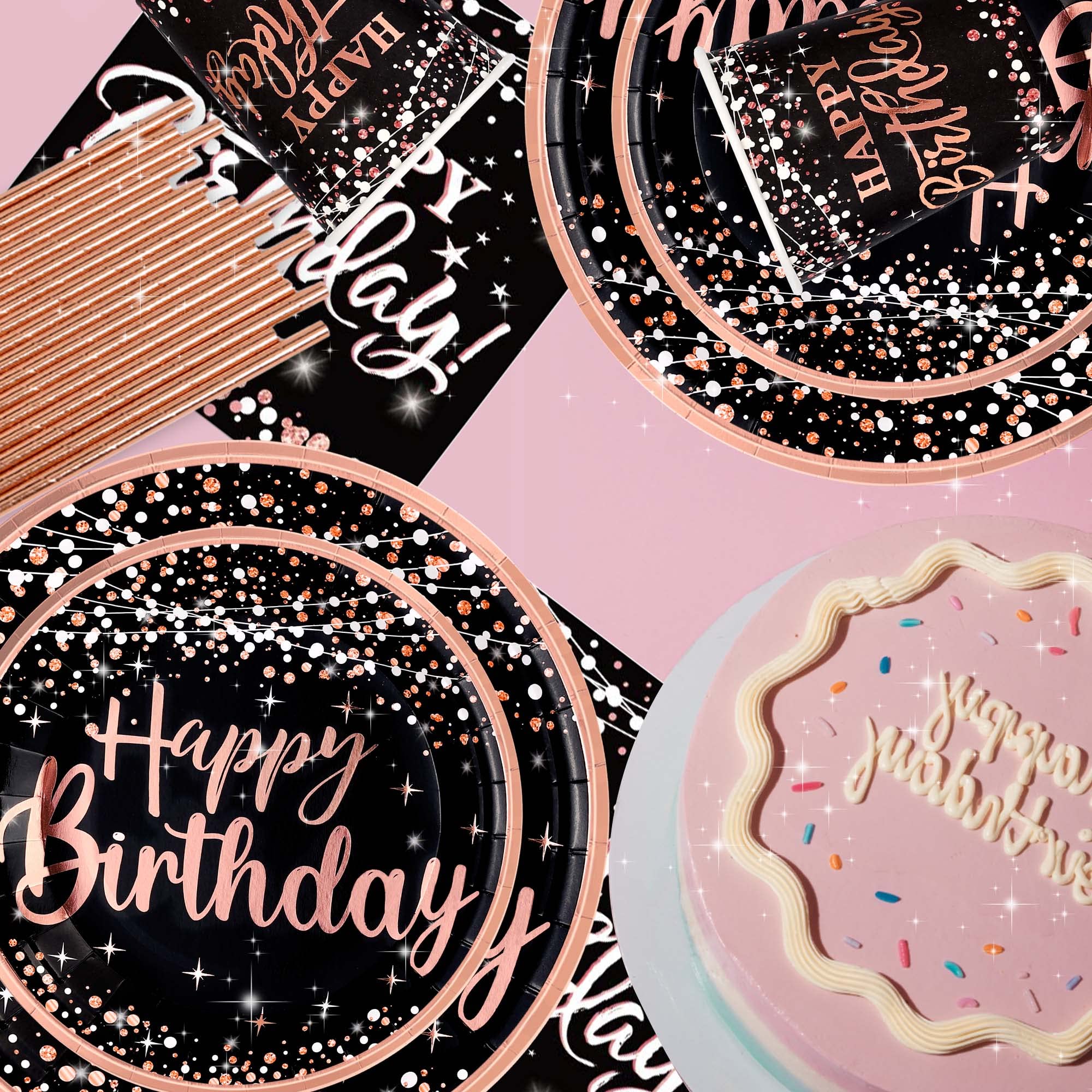 happy birthday decorations plates for women - (Total 121pcs) rose gold plates and napkins party supplies, Cups, Straws, tablecloth, Disposable Tableware for 24 Guests