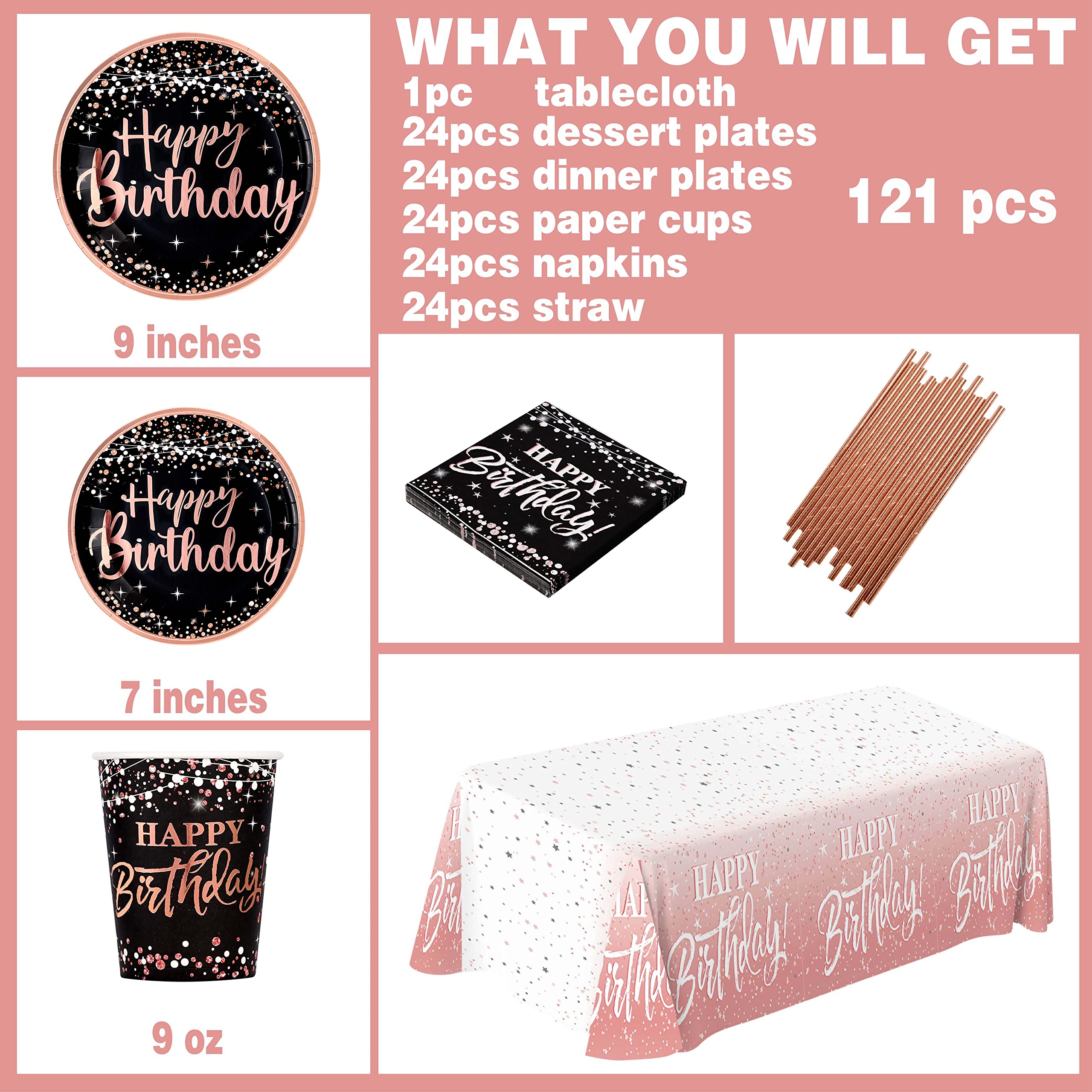 happy birthday decorations plates for women - (Total 121pcs) rose gold plates and napkins party supplies, Cups, Straws, tablecloth, Disposable Tableware for 24 Guests