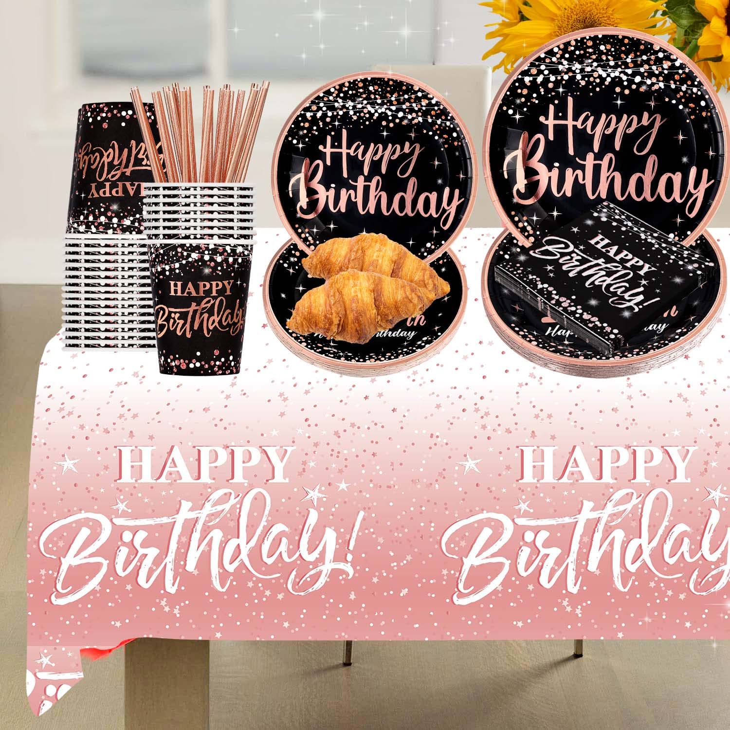 happy birthday decorations plates for women - (Total 121pcs) rose gold plates and napkins party supplies, Cups, Straws, tablecloth, Disposable Tableware for 24 Guests