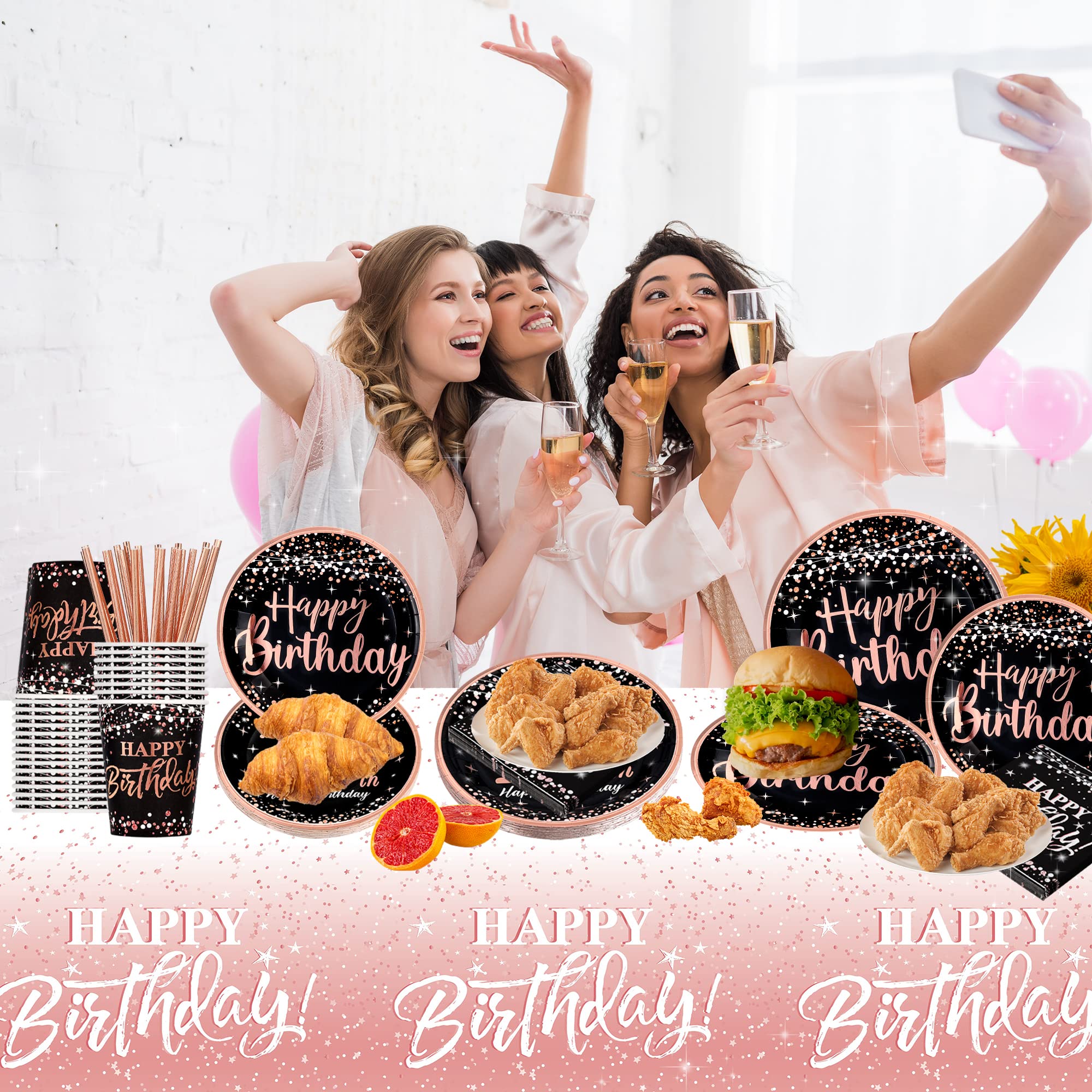 happy birthday decorations plates for women - (Total 121pcs) rose gold plates and napkins party supplies, Cups, Straws, tablecloth, Disposable Tableware for 24 Guests
