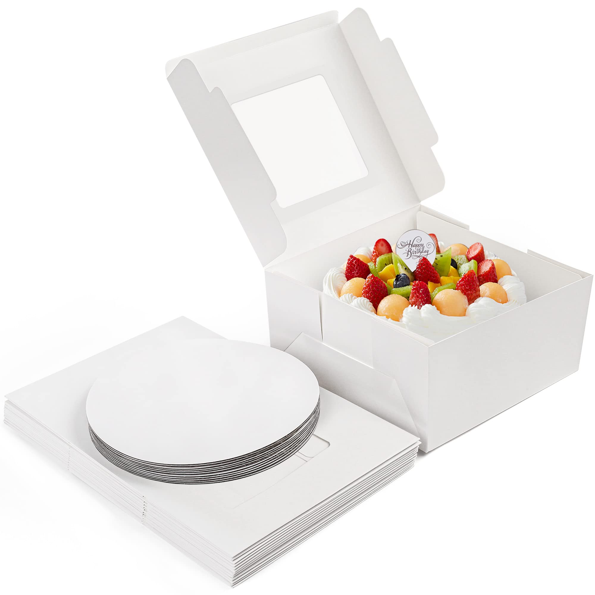 LotFancy 15 Sets Cake Boxes, 10 x 10 x 5 Inch White Bakery Boxes with Cake Boards, Disposable Cake Carrier with Window for Pie, Donut, Cookie, Pastry