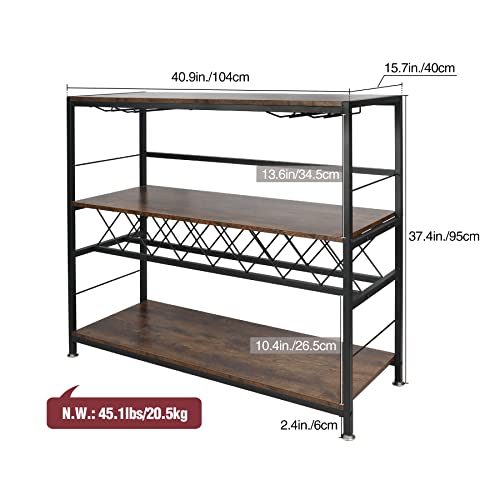 Lineslife 3-Tier Freestanding Wine Rack Table, Industrial Liquor Wine Bar Table with Glass Holder and Bottle Shelf for Living Room, Brown