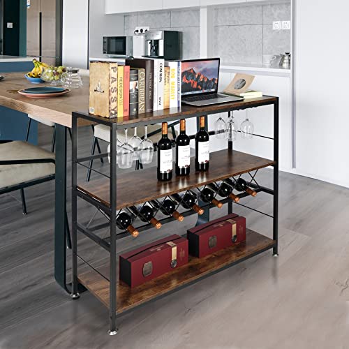 Lineslife 3-Tier Freestanding Wine Rack Table, Industrial Liquor Wine Bar Table with Glass Holder and Bottle Shelf for Living Room, Brown