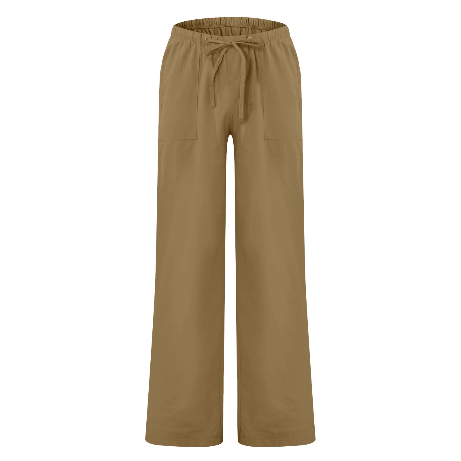 Men's Summer Casual Drawstring Beach Loose Slim Fit Trousers Linen Cotton Pants with Elastic Waistband White