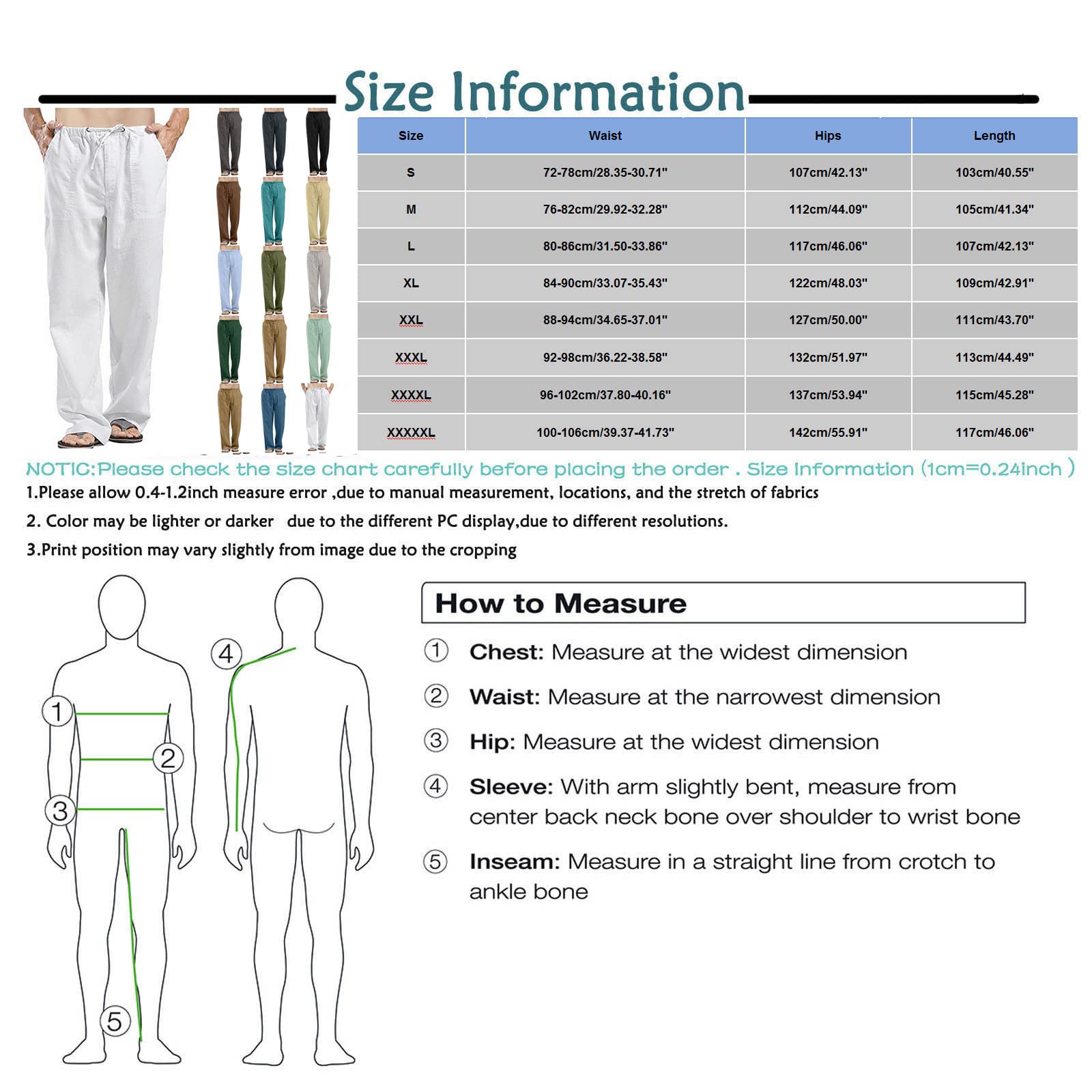 Men's Summer Casual Drawstring Beach Loose Slim Fit Trousers Linen Cotton Pants with Elastic Waistband White