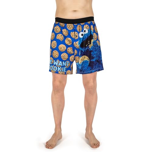 BRIEF INSANITY Sesame Street Comfortable Loose Fit Boxer Shorts | Funny 'Cookie Monster' Graphic Print Boxers for Women & Men (Medium)
