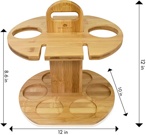 RoyalHouse Bamboo Wine Rack Wooden Wine Storage Set Holds 2 Bottles and 4 Glasses, Easy Assembly Wine Stand, Wine Bottle Holder and Glass Hanger Drying Rack