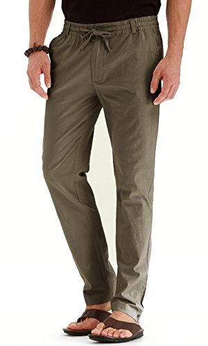 BINGHUODAO Men's Casual Linen Drawstring Beach Loose Trousers Pants with Elastic Waistband(Brown,30)