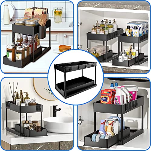 2-Tier Under Sink Organizer,Multi-purpose Organizer Shelf,Sliding Storage Drawer Basket Organizer for Kitchen Bathroom with Hooks, Hanging Cup,Pull Out Spice Rack,Makeup Cosmetics Vanity Narrow Space