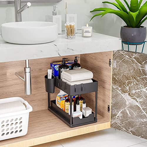2-Tier Under Sink Organizer,Multi-purpose Organizer Shelf,Sliding Storage Drawer Basket Organizer for Kitchen Bathroom with Hooks, Hanging Cup,Pull Out Spice Rack,Makeup Cosmetics Vanity Narrow Space