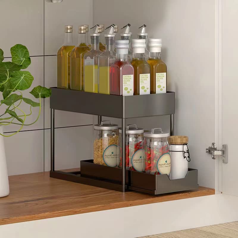 2-Tier Under Sink Organizer,Multi-purpose Organizer Shelf,Sliding Storage Drawer Basket Organizer for Kitchen Bathroom with Hooks, Hanging Cup,Pull Out Spice Rack,Makeup Cosmetics Vanity Narrow Space