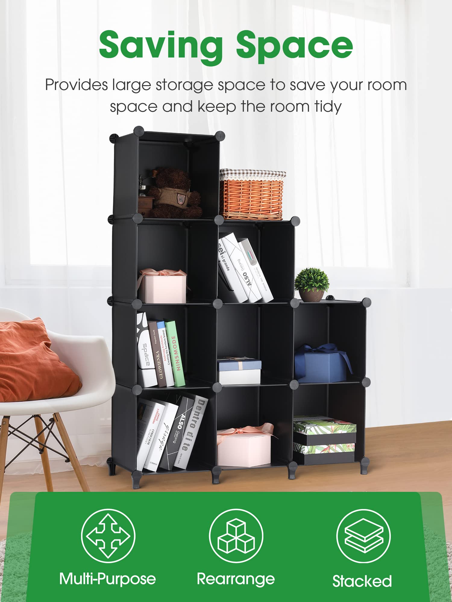 Puroma 9 Cube Storage Organizer, Black Modern Bookcase with Mallet DIY Closet Organizers and Storage, 12" x 12" x 12"