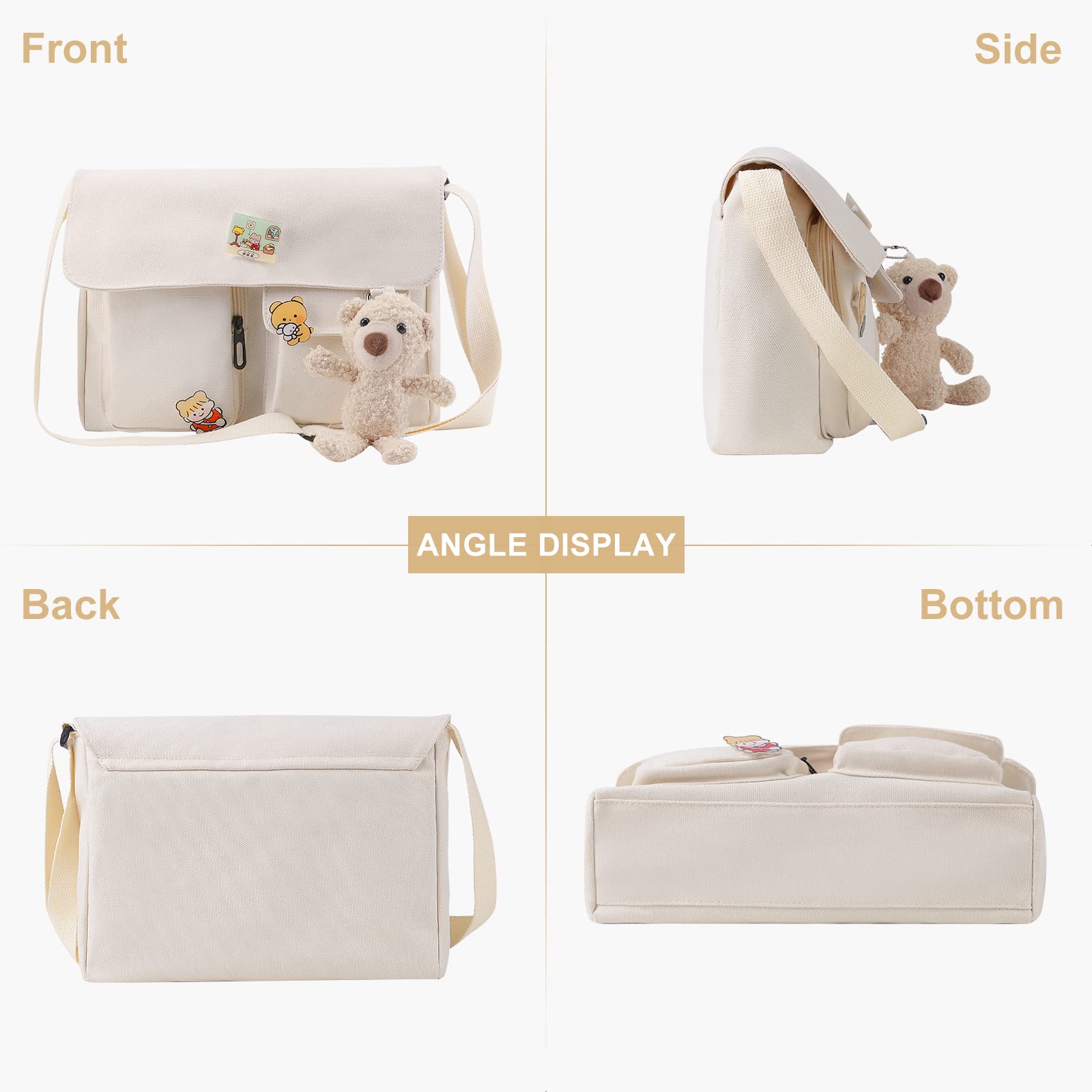 Canvas Crossbody Bag with Kawaii Pins and Pendent for Women Casual Shoulder Messenger Bag Ladies Canvas Shoulder Bag
