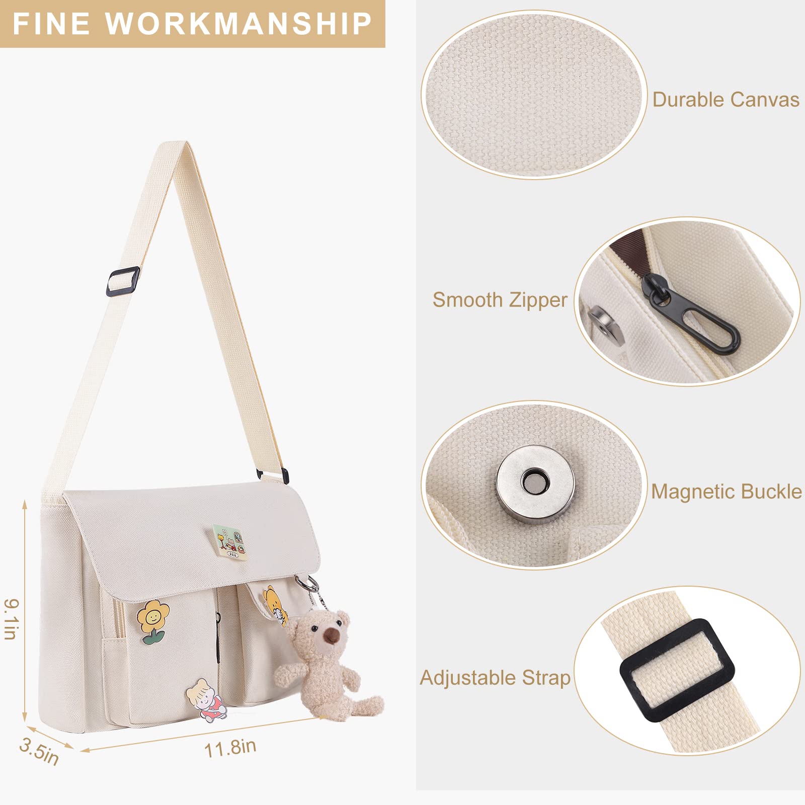 Canvas Crossbody Bag with Kawaii Pins and Pendent for Women Casual Shoulder Messenger Bag Ladies Canvas Shoulder Bag