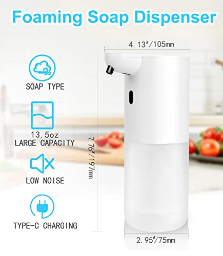 Josnown Automatic Foaming Soap Dispenser - 4 Gear Foaming Adjustable, USB Rechargeable, IPX5, Wall Mounted Sticker Available - 13.5oz/400ML Touchless Hand & Dish Soap Dispenser for Bathroom Kitchen