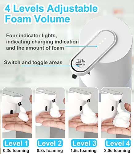 Josnown Automatic Foaming Soap Dispenser - 4 Gear Foaming Adjustable, USB Rechargeable, IPX5, Wall Mounted Sticker Available - 13.5oz/400ML Touchless Hand & Dish Soap Dispenser for Bathroom Kitchen