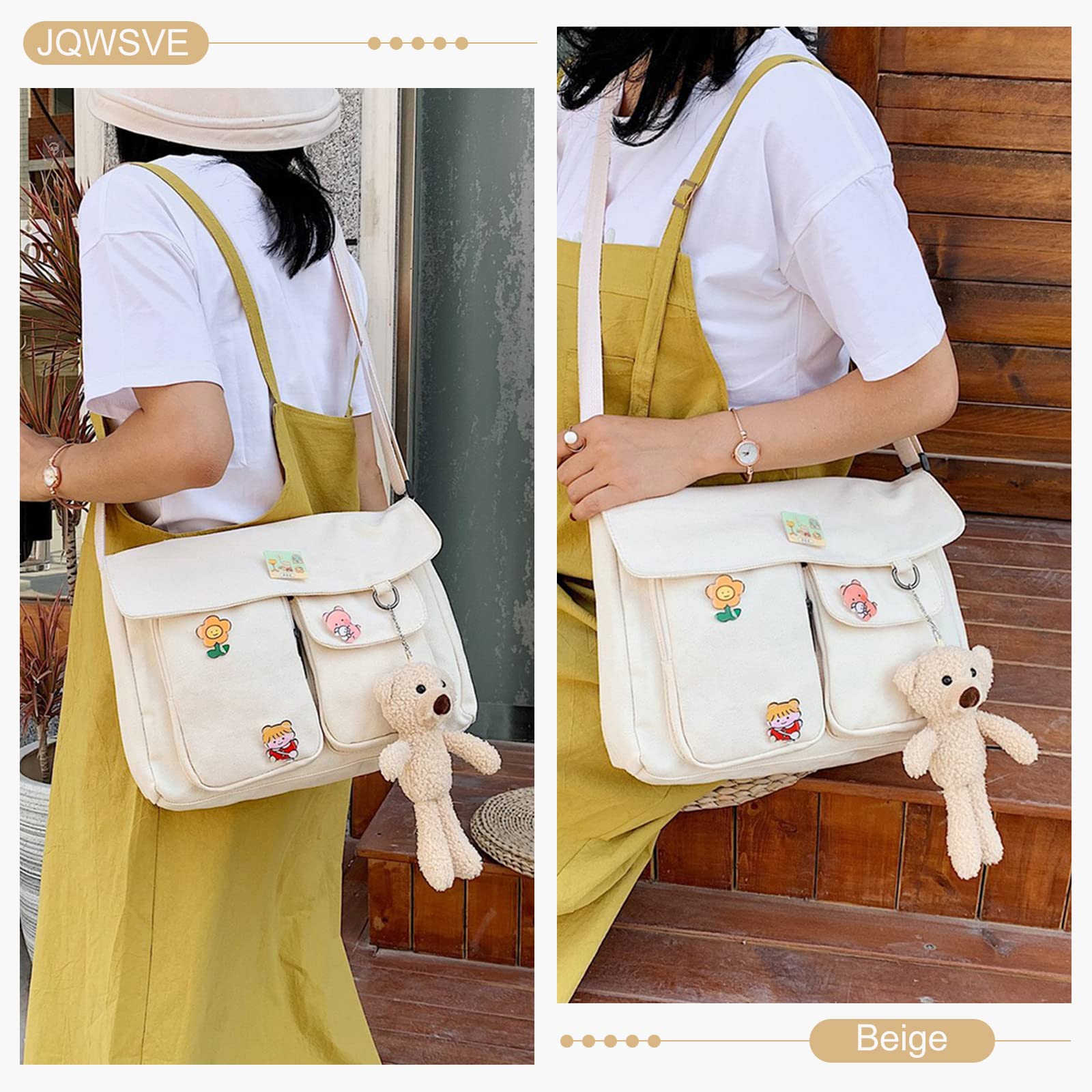Canvas Crossbody Bag with Kawaii Pins and Pendent for Women Casual Shoulder Messenger Bag Ladies Canvas Shoulder Bag
