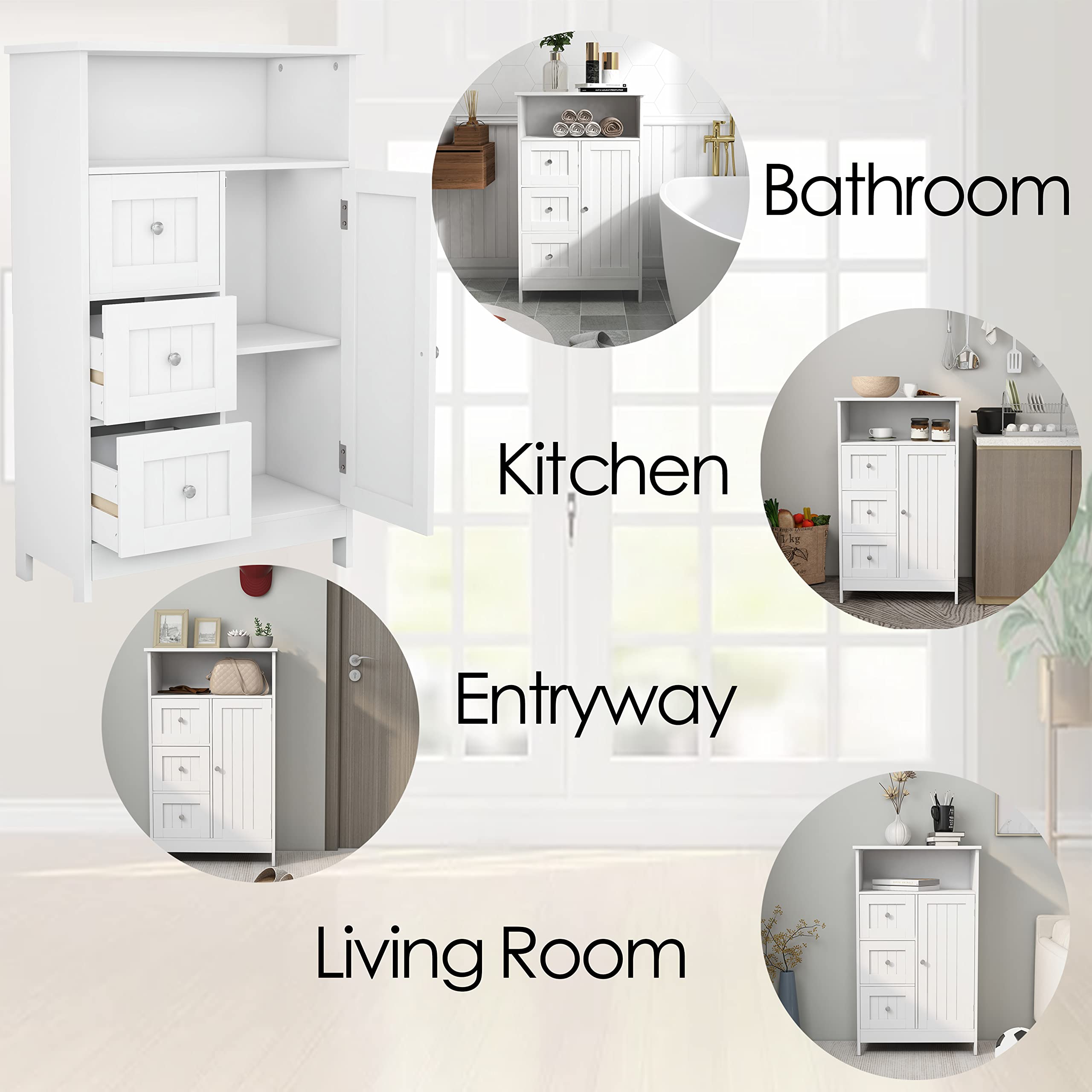 OQSC 39.4 Tall White Bathroom Floor Cabinet Freestanding Storage Cabinet Side Storage Organizer with 3 Drawers&1 Cupboard&1 Shelf for Bathroom Living Room Entryway