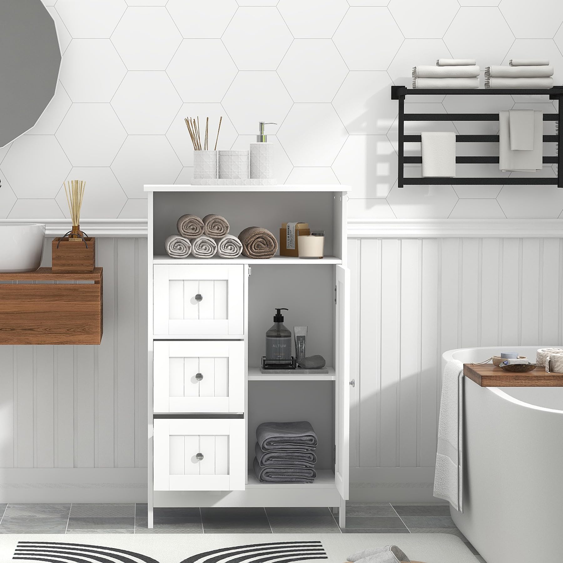 OQSC 39.4 Tall White Bathroom Floor Cabinet Freestanding Storage Cabinet Side Storage Organizer with 3 Drawers&1 Cupboard&1 Shelf for Bathroom Living Room Entryway