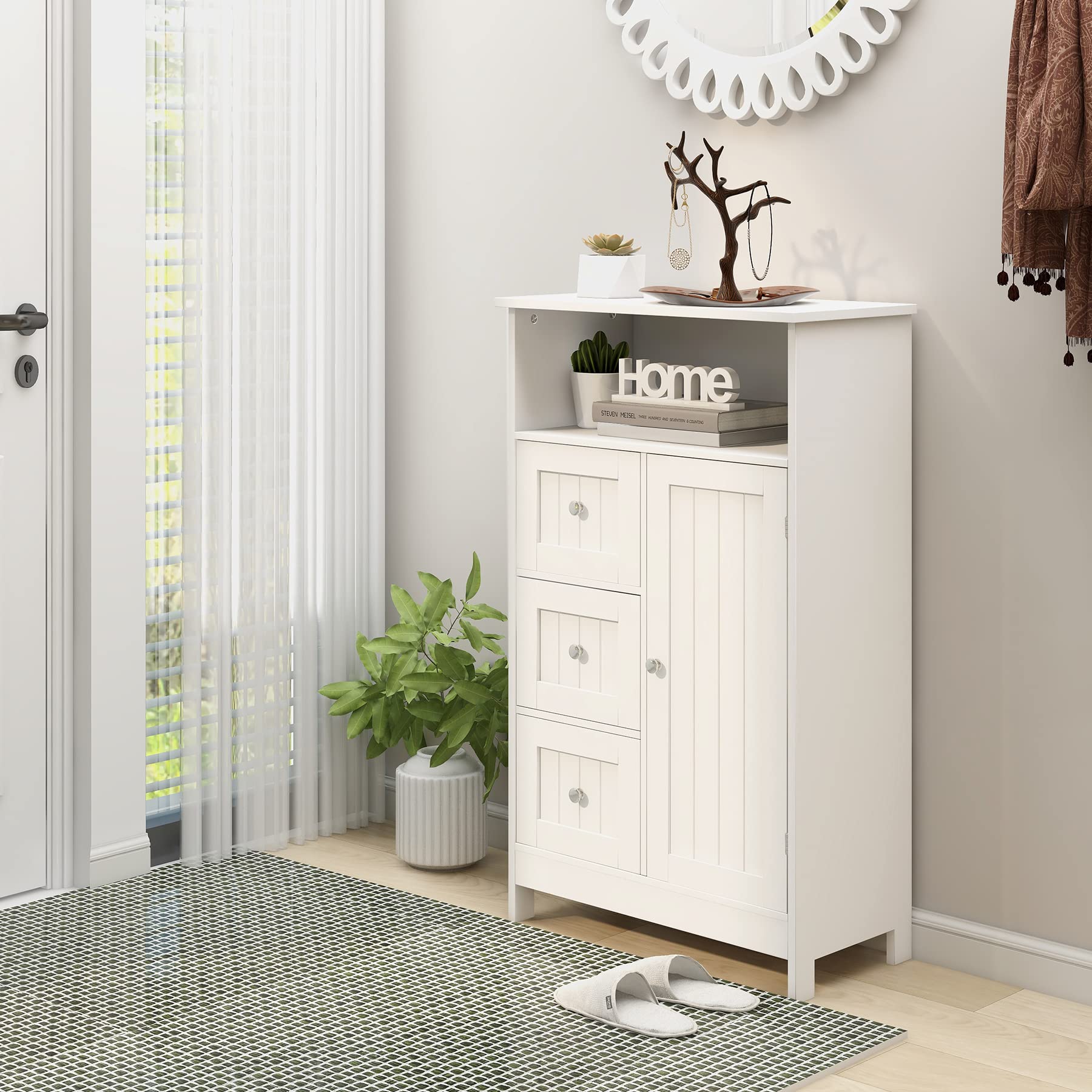 OQSC 39.4 Tall White Bathroom Floor Cabinet Freestanding Storage Cabinet Side Storage Organizer with 3 Drawers&1 Cupboard&1 Shelf for Bathroom Living Room Entryway