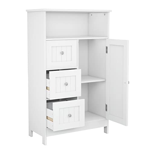 OQSC 39.4 Tall White Bathroom Floor Cabinet Freestanding Storage Cabinet Side Storage Organizer with 3 Drawers&1 Cupboard&1 Shelf for Bathroom Living Room Entryway