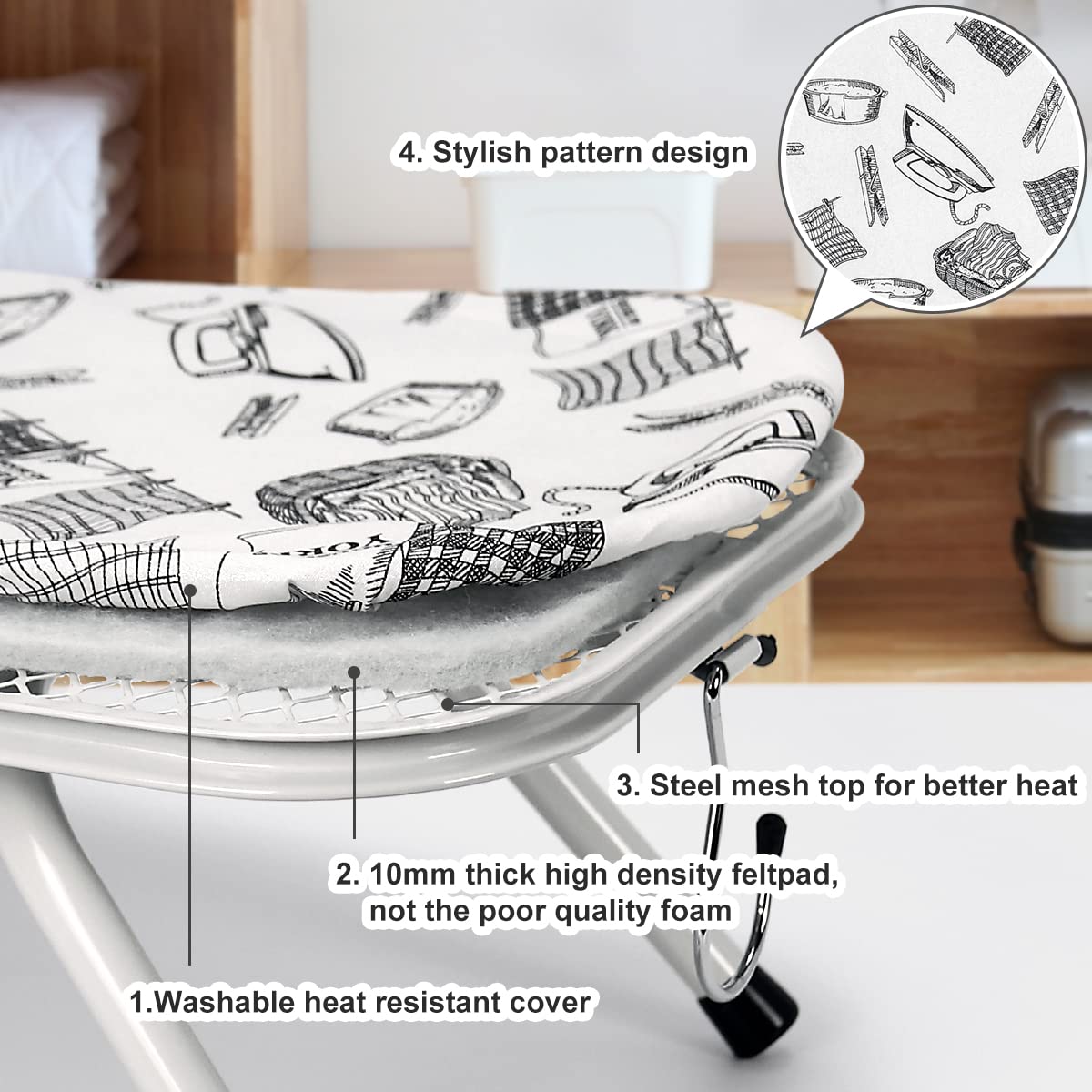 Duwee 13"x36"Table top Ironing Board with Thicken Felt Padding, Heat Resistant Cover,Stainless Steel Hook,Extra Long Ironing Area