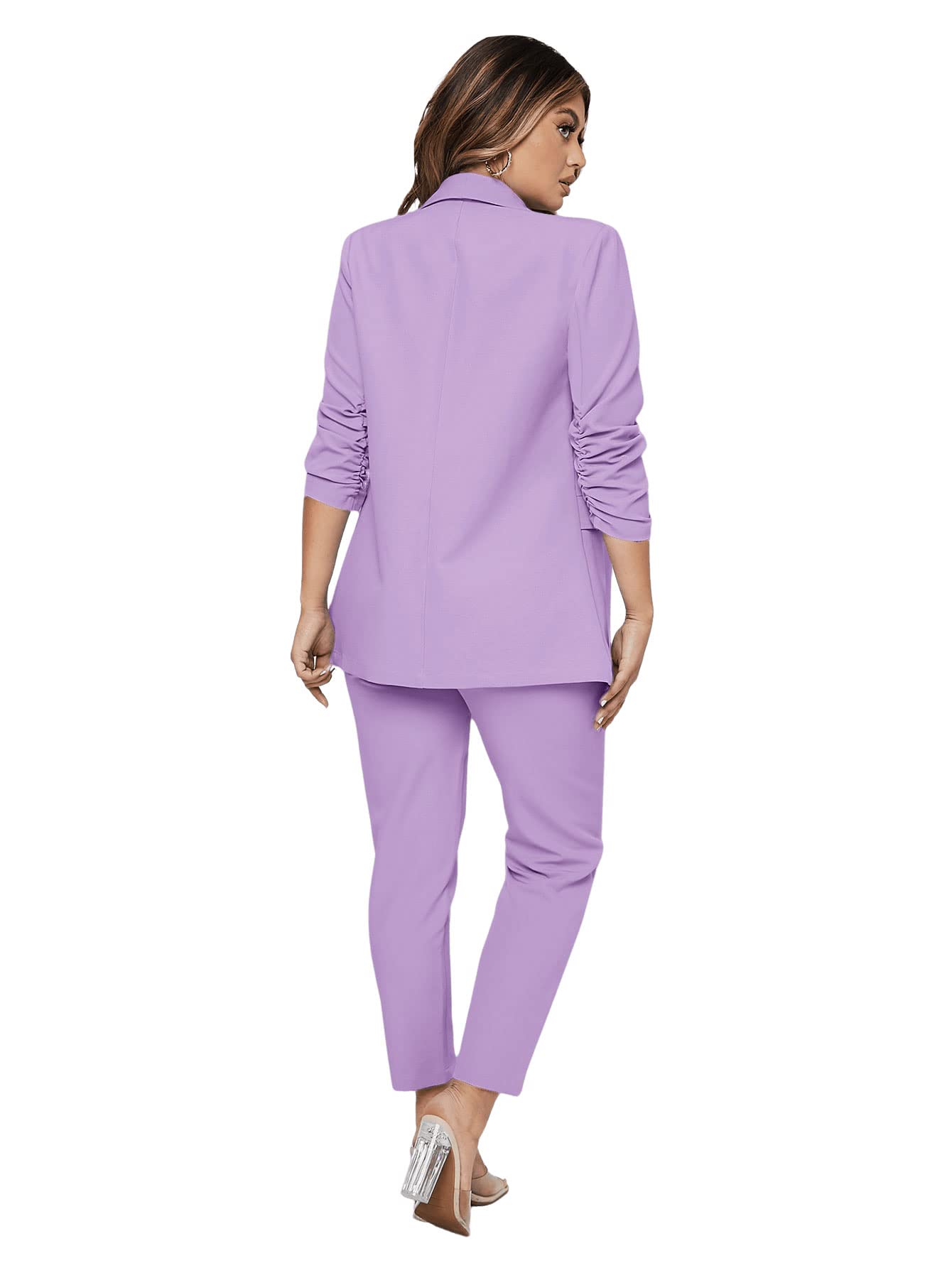 SweatyRocks Women's 2 Piece Solid Ruched Sleeve Blazer and Pants Business Office Suit Set Lilac Purple XL