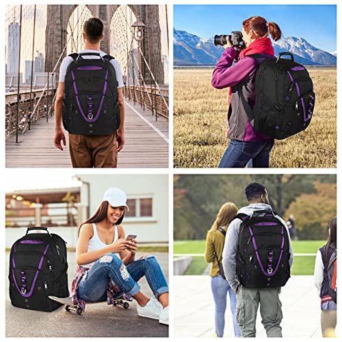 18.4 inch Travel Backpack Men Women, 55-60L Extra Large Laptop Backpack RFID Anti Theft TSA Friendly Flight Approved Backpacks, Water Resistant College School Heavy Duty With USB Charging Port, Purple