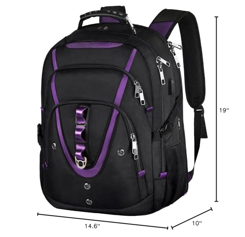 18.4 inch Travel Backpack Men Women, 55-60L Extra Large Laptop Backpack RFID Anti Theft TSA Friendly Flight Approved Backpacks, Water Resistant College School Heavy Duty With USB Charging Port, Purple