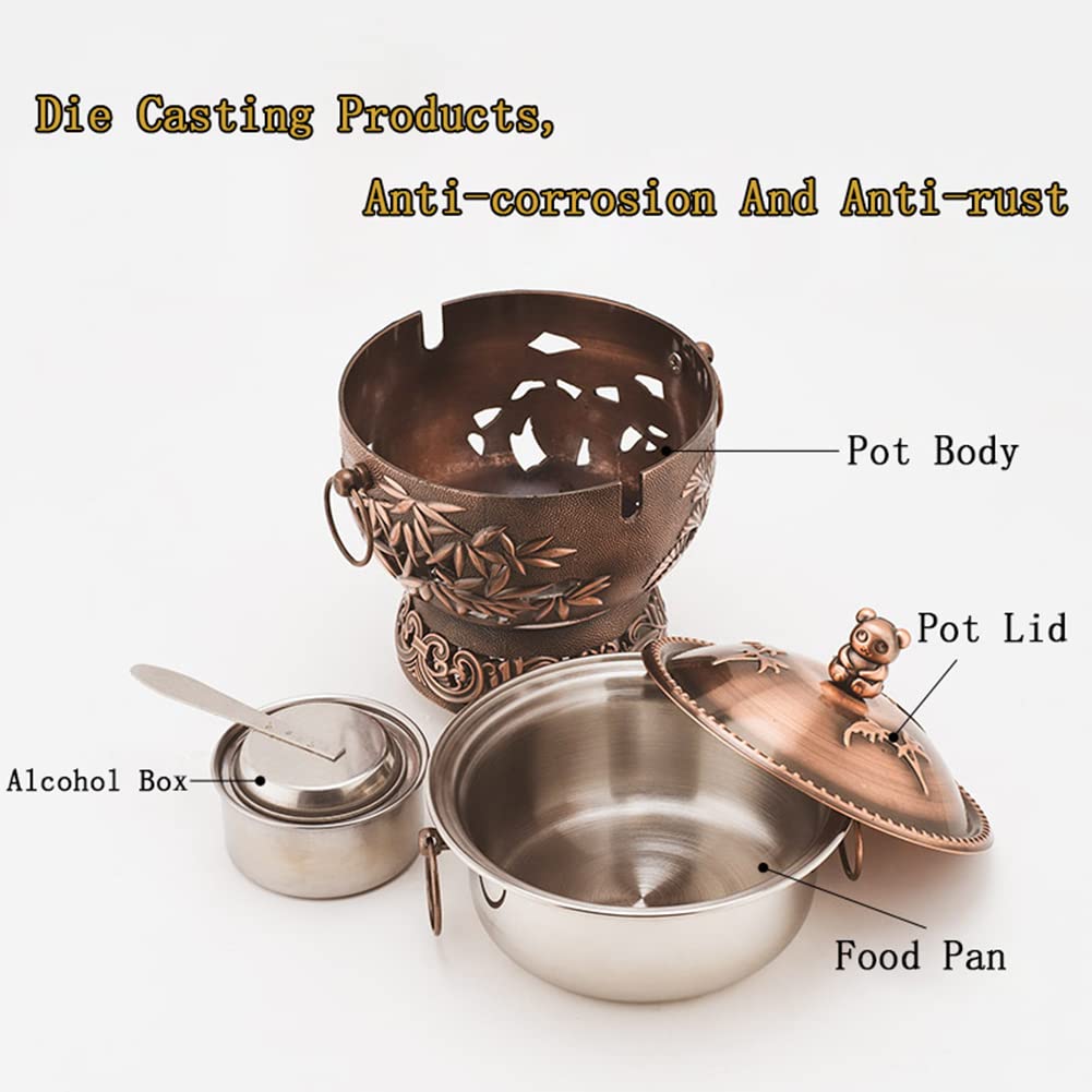 Mini Copper Hot Pot Stainless Steel Shabu Shabu Pot Cooker Alcohol Hotpot Cooking Pot Cookware Pan Single Chafing Dishes for Home Kitchen, Fuel Not Included,Bronze