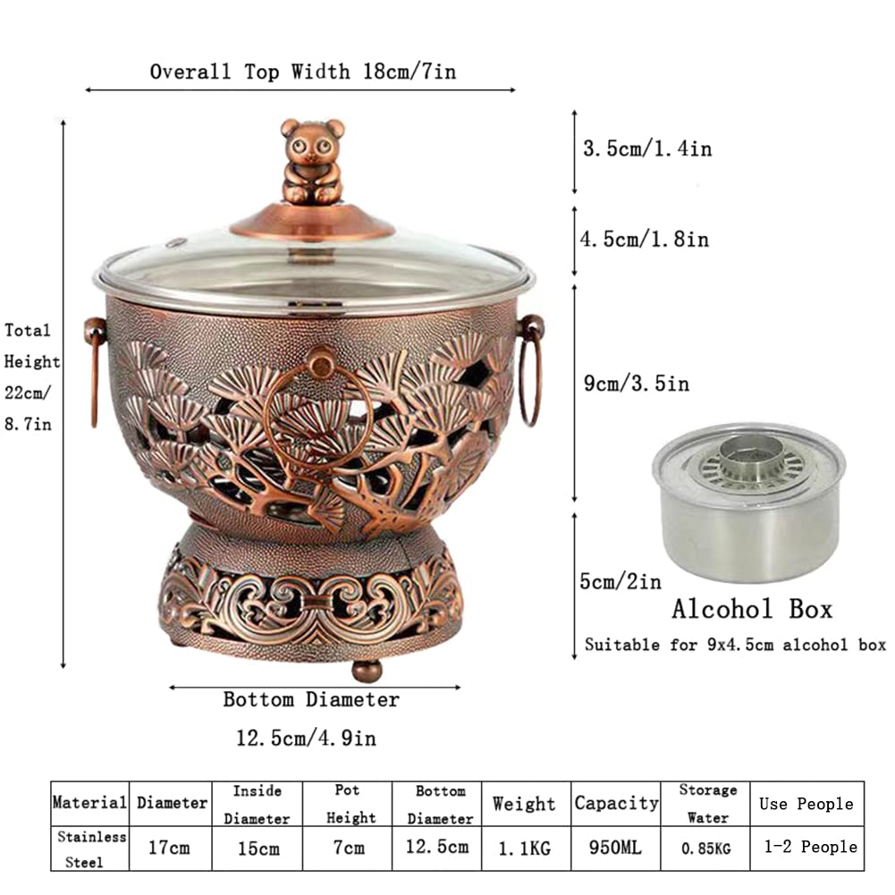 Mini Copper Hot Pot Stainless Steel Shabu Shabu Pot Cooker Alcohol Hotpot Cooking Pot Cookware Pan Single Chafing Dishes for Home Kitchen, Fuel Not Included,Bronze