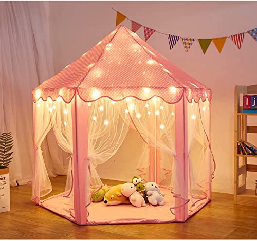 Gappys Princess Castle Tent with Star Light for Kids Children Girls Boys Baby 3/4/5/6/7/8/9 Year Old- Large Playhouse Funny Play Fairy Tent - Indoor and Outdoor Games (Pink), 55x53 inch
