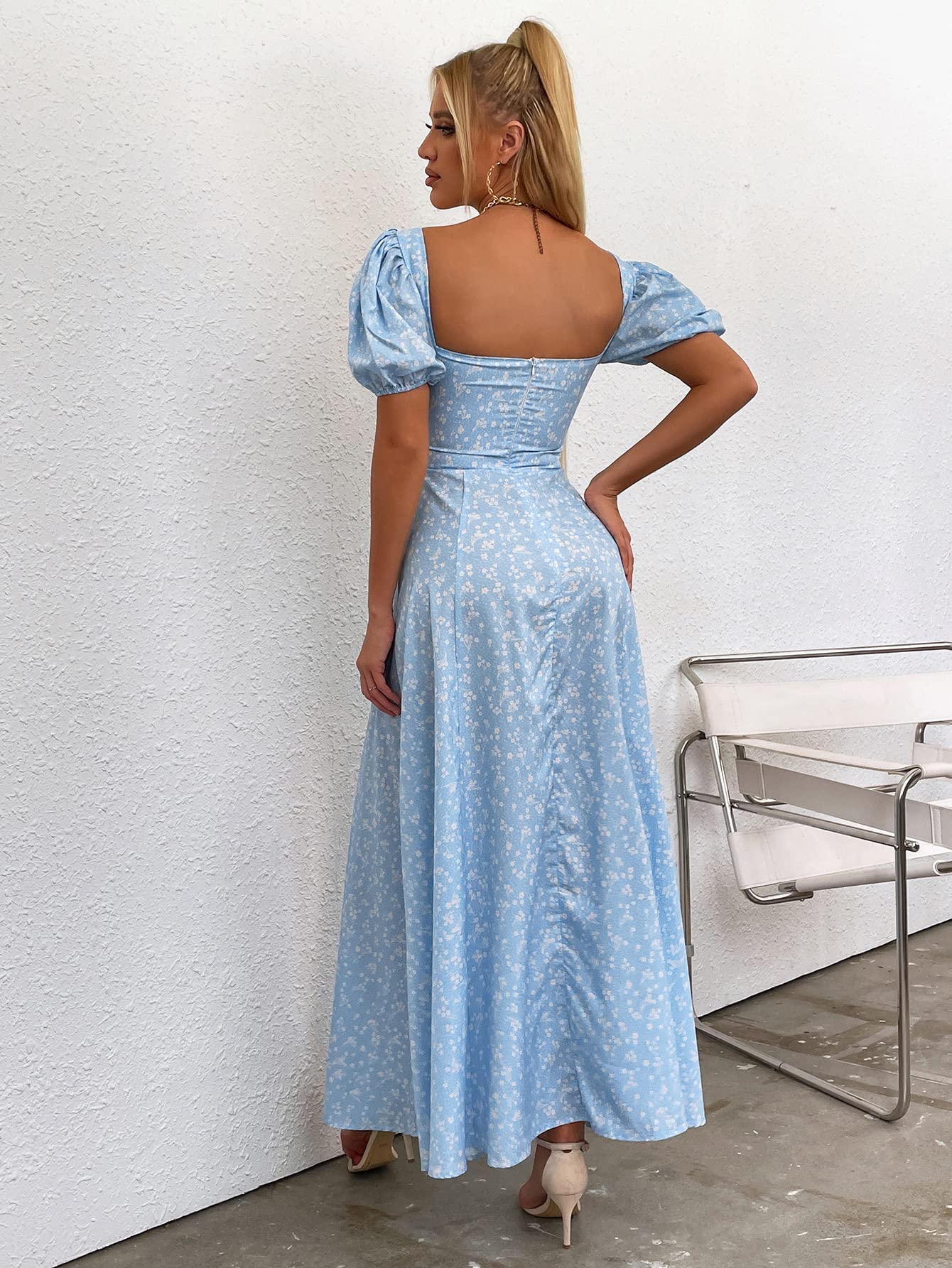 Women's Summer Puff Sleeve Floral Split Maxi Dress Flowy A Line Casual Beach Long Dresses-SkyBlue-XL