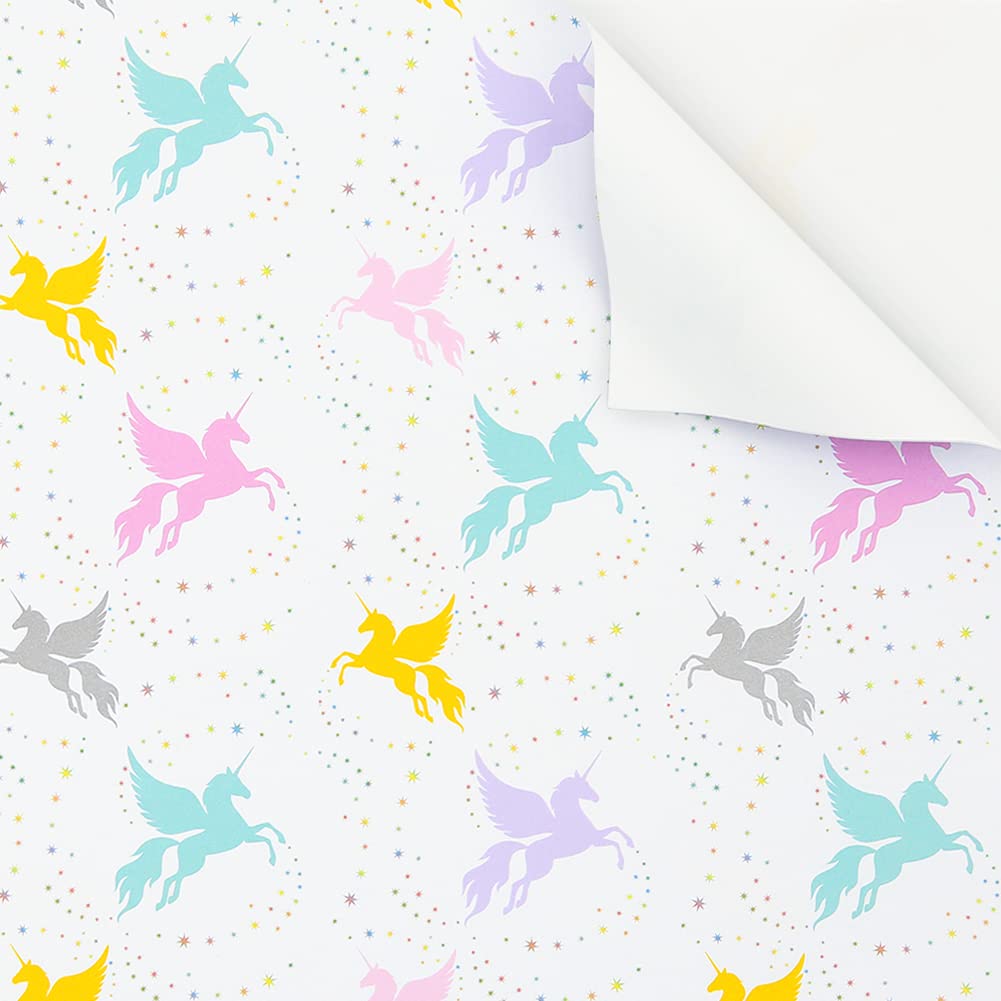 Magic Flying Unicorn Over Rainbow Star Dreams On White Wrapping Paper Sheets, Fantasy Horse With Wings and Horn Gift Wrap for Birthday Wedding Bridal Baby Shower Girl Kids, 4 Sheets Folded Flat 20x28 inches per sheet, 15 sq. ft. ttl.