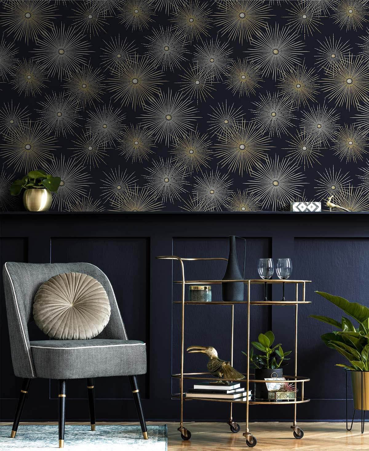NextWall Starburst Geo Mid Century Peel and Stick Wallpaper (Midnight Blue & Metallic Gold)