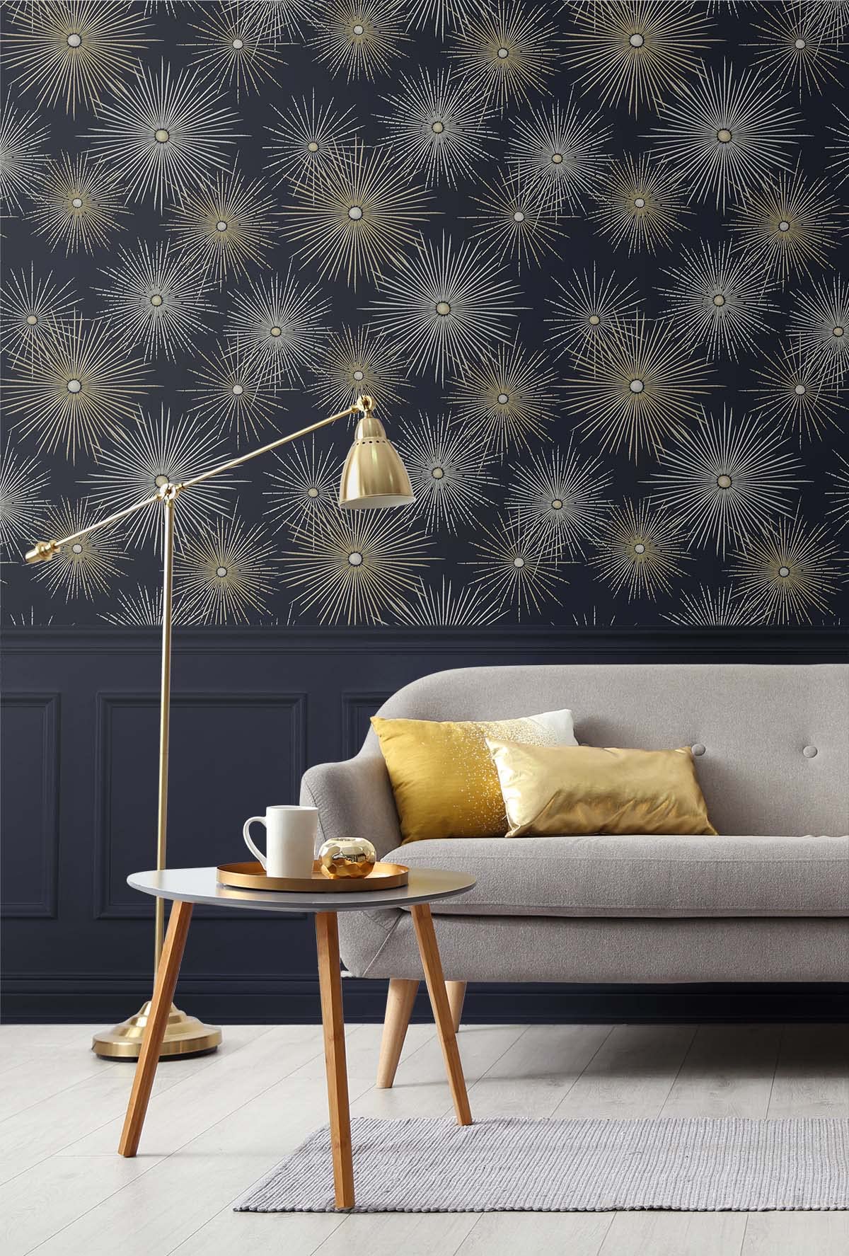 NextWall Starburst Geo Mid Century Peel and Stick Wallpaper (Midnight Blue & Metallic Gold)