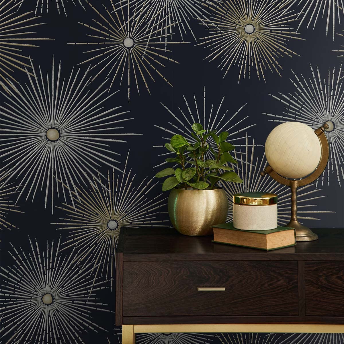 NextWall Starburst Geo Mid Century Peel and Stick Wallpaper (Midnight Blue & Metallic Gold)